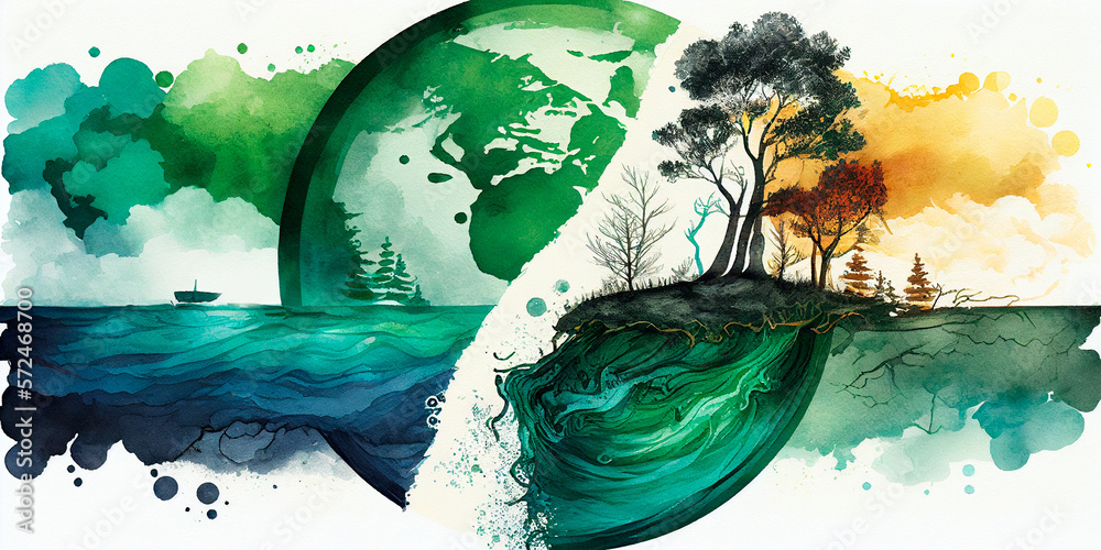 Watercolor Illustration showing climate change on earth. Globe, landscape and disasters ...
