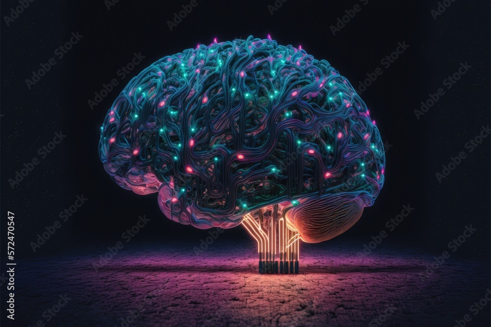 Concept of a brain controlled by a neural chip. Generative ai composite ...