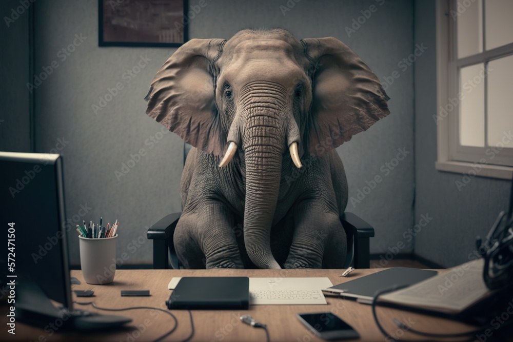 Elephant boss sitting in office on webinar, concept of Powerful and ...