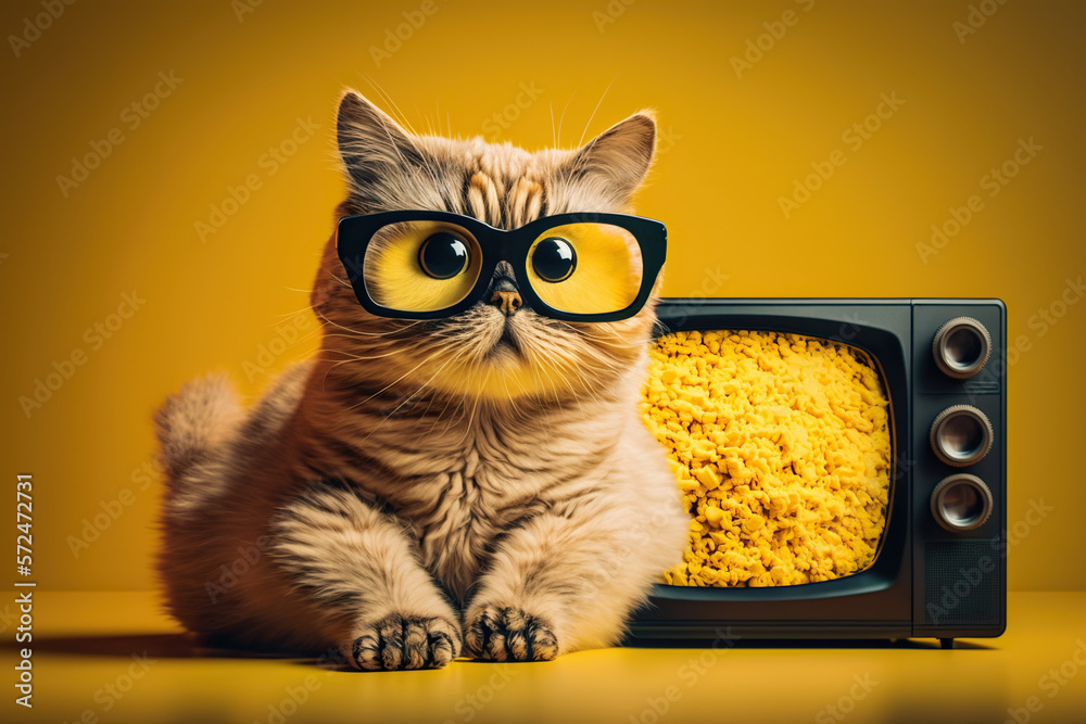 Cute cat in glasses watching tv on yellow background, concept of ...