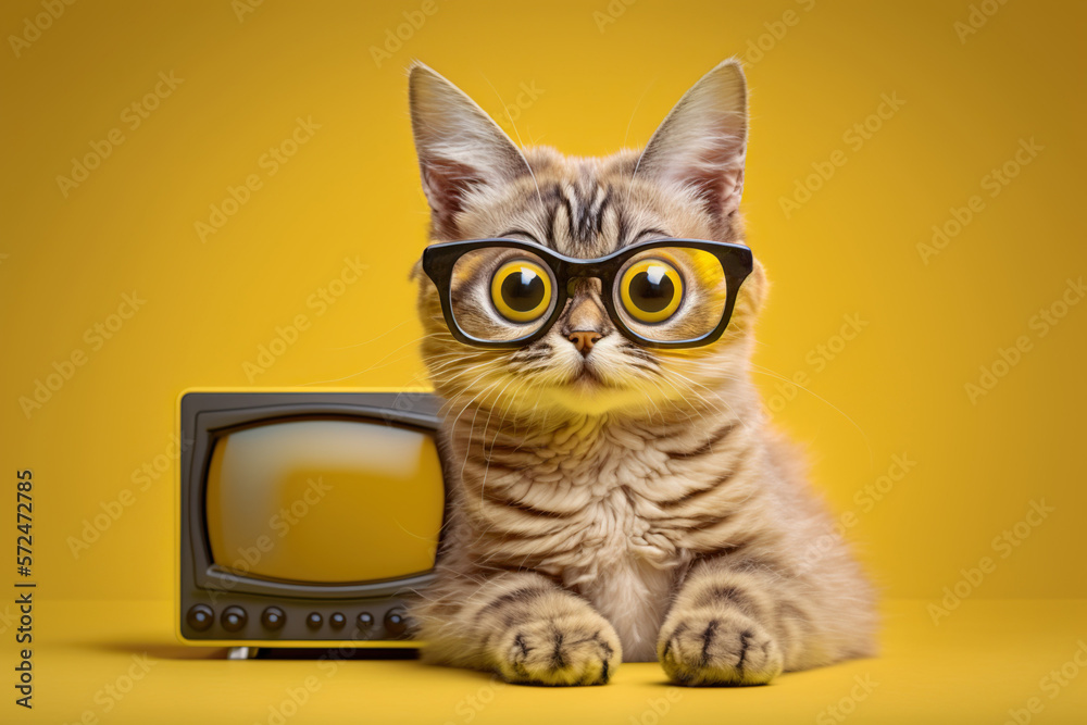 Cute cat in glasses watching tv on yellow background, concept of ...
