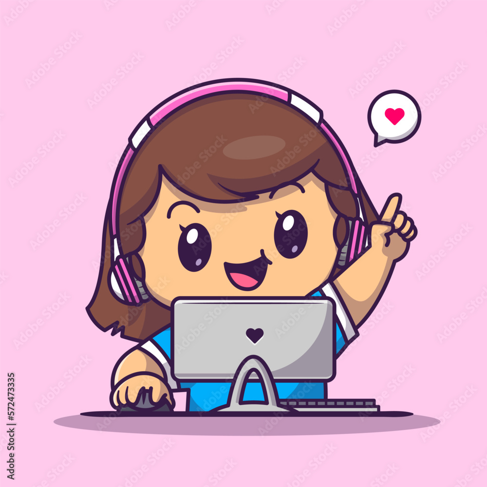 Cute Gamer Girl Playing Computer Cartoon Vector Icon Illustration ...
