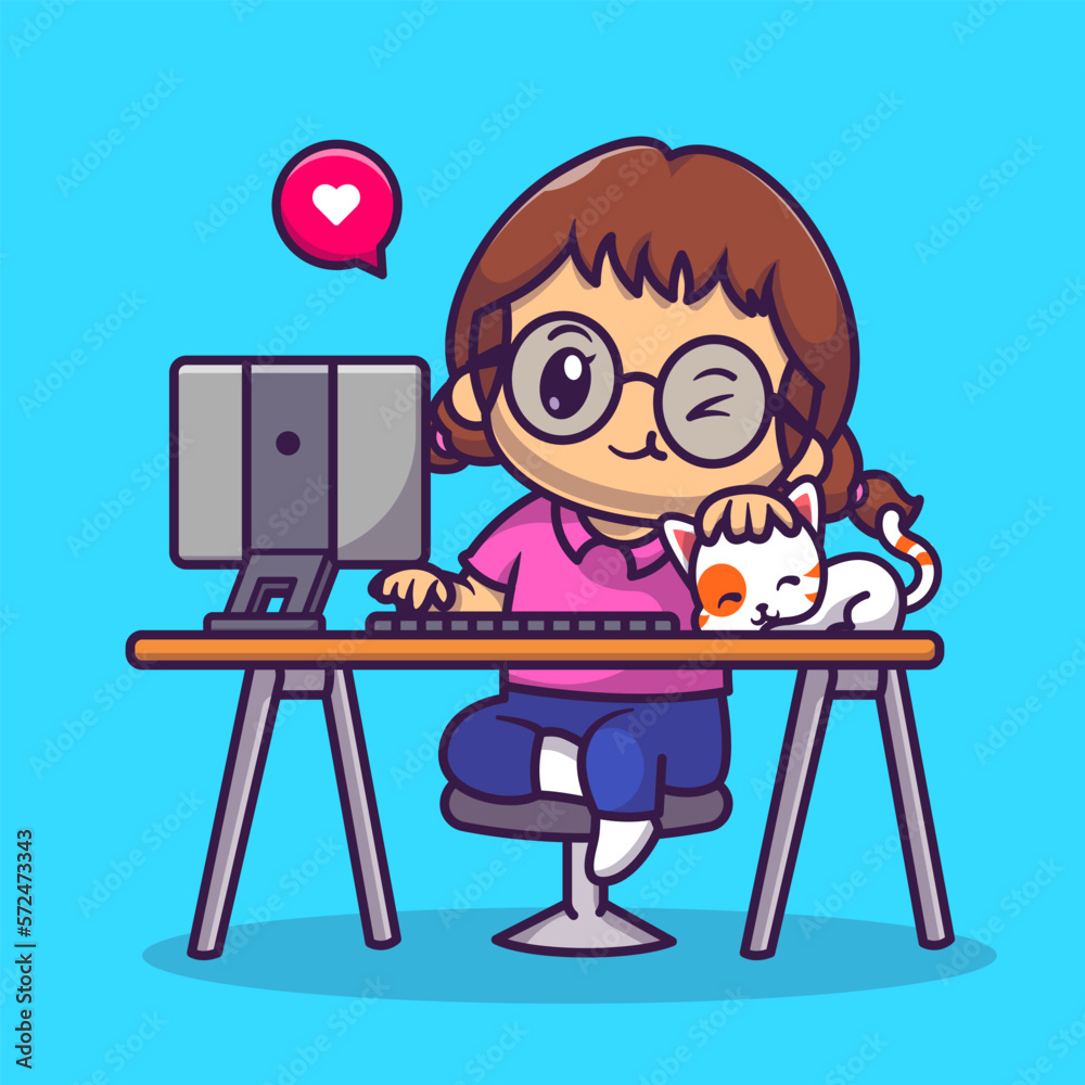 Cute Girl Working On Computer With Cat Cartoon Vector Icon Illustration ...