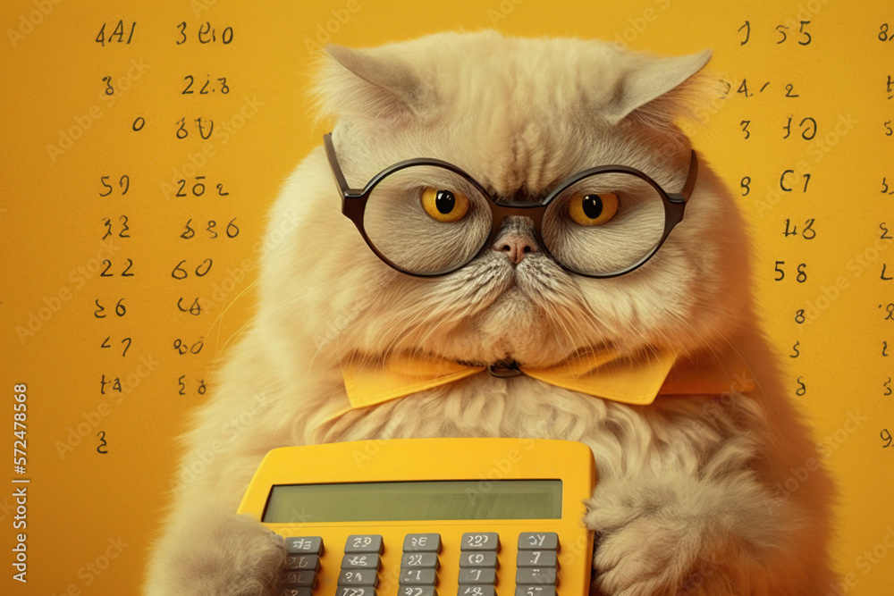 Cute cat in glasses calculates the family budget concept of Money ...