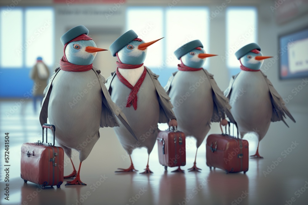 Arctic terns dressed as members of an airplane crew, concept of Airline ...