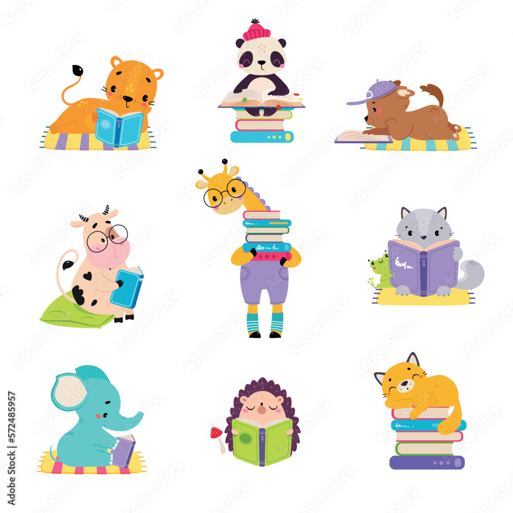 Cute baby animals reading books set. Smart hedgehog, cow, giraffe ...