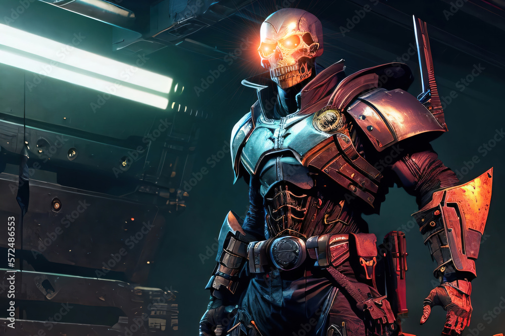 Cyborg Skeleton with Red Glowing Eyes Lens in Futuristic Heavy Armor ...