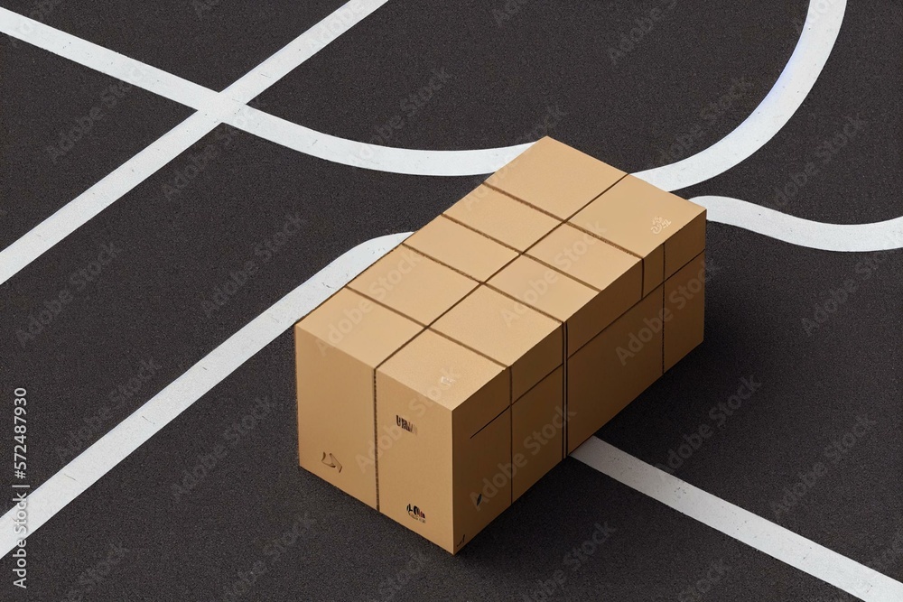 Abstract flying cardboard box above road with location pins on wide ...