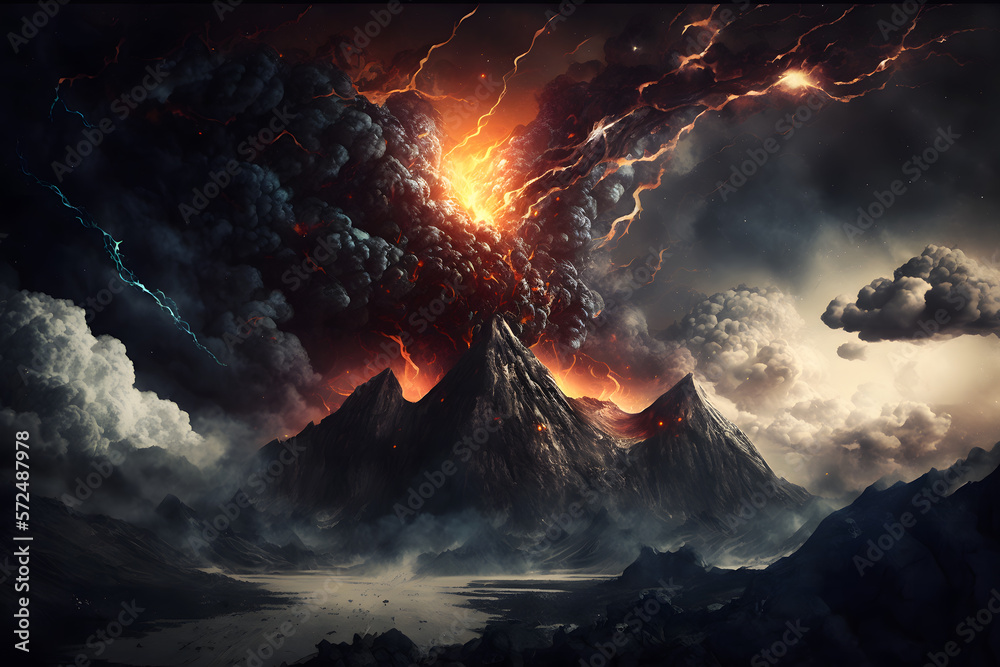 Night fantasy landscape with abstract mountains and island on the water ...