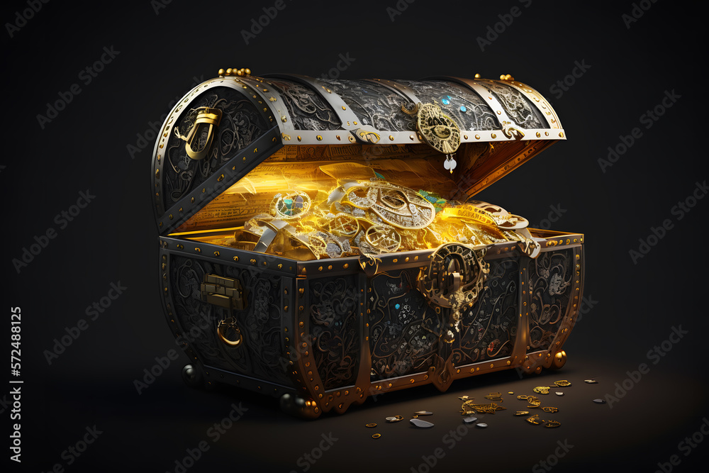 Open treasure chest filled with gold coins and expensive pirates loot ...