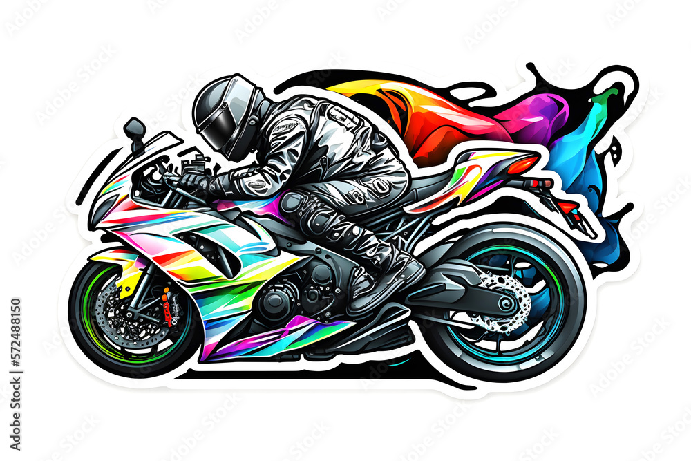 Sticker of Biker on sport motorcycle in watercolor style on white ...