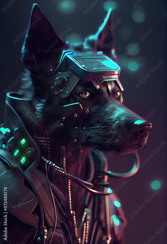 The cyberpunk dog illustration represents technology, strength, and ...