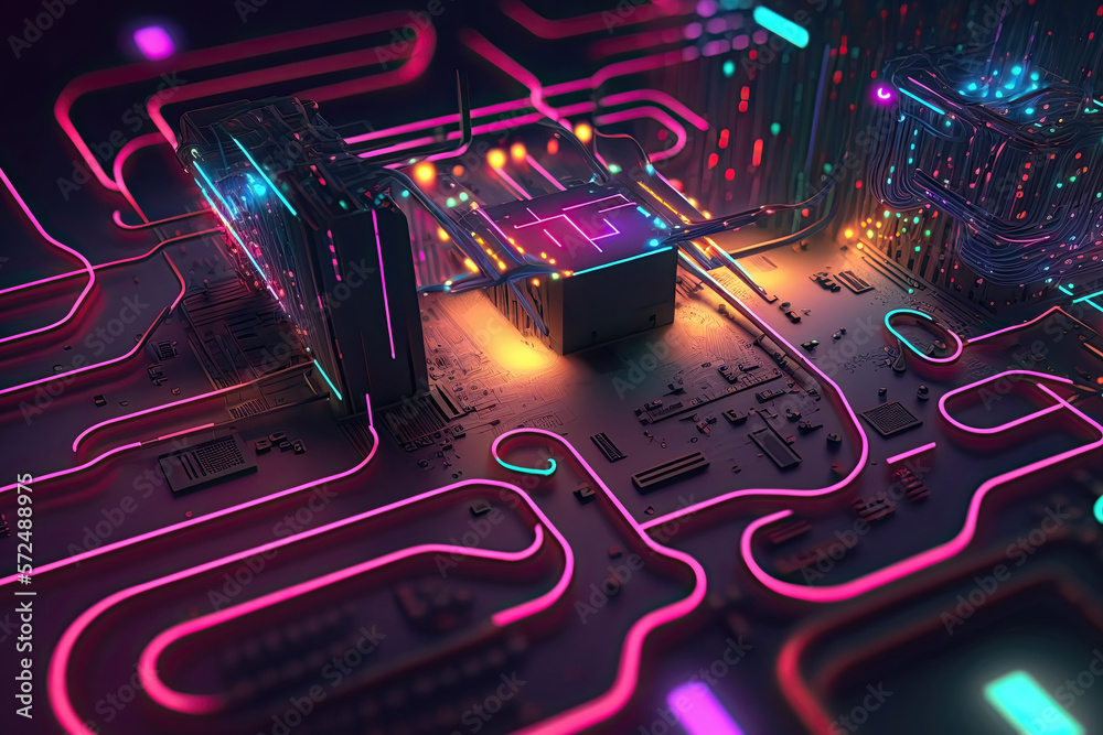 neon-themed motherboard is an illuminated computer circuit board ...
