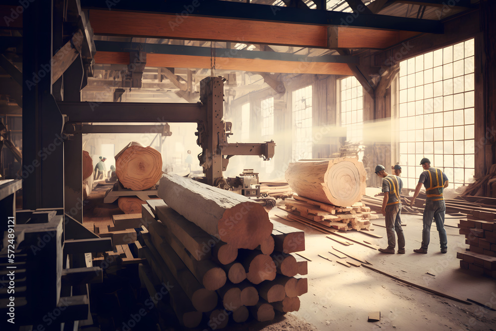 Woodworking sawmill production and processing of wooden boards in a ...