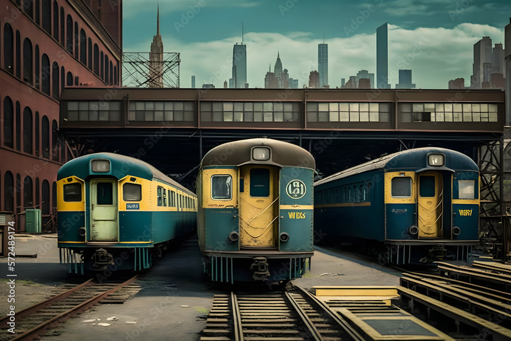 NYC old outdated subway cars in a metro depot in daytime. Neural ...