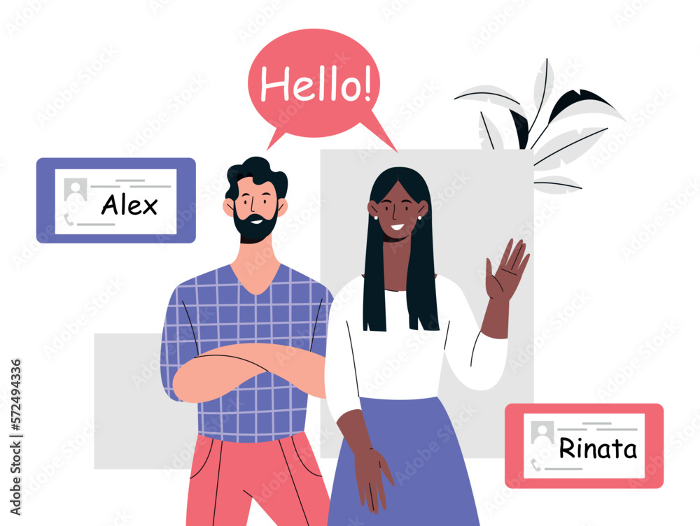 Hello people concept. Man and woman greet each other, sociable ...