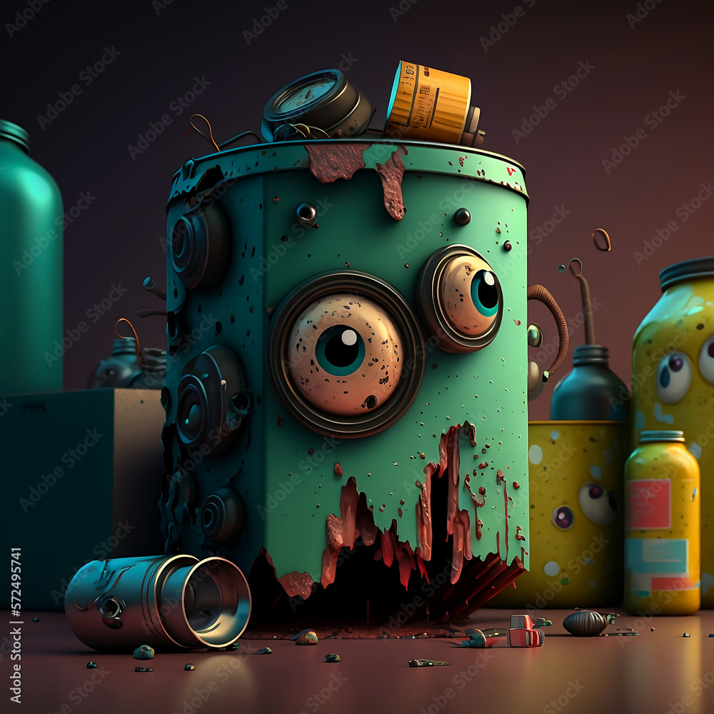 Colorful vivid 3D rendering exploded gadget metal can character with ...