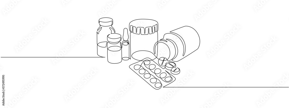 One continuous line drawing of medicine set with pills. Pharmaceutical ...