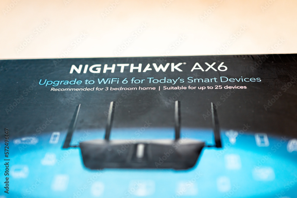 Naples, USA - May 11, 2022: Wifi 6 Nighthawk router with antennas on ...