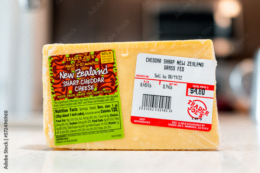 Naples, USA - May 24, 2022: New Zealand sharp cheddar cheese aged grass ...