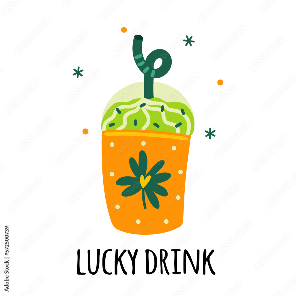 Cocktail for St. Patrick's Day. Glass with delicious drink, straw, lid ...