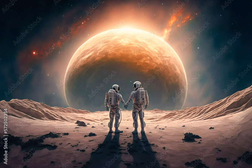 Two astronauts standing on a desolate looking planet holding hands and ...
