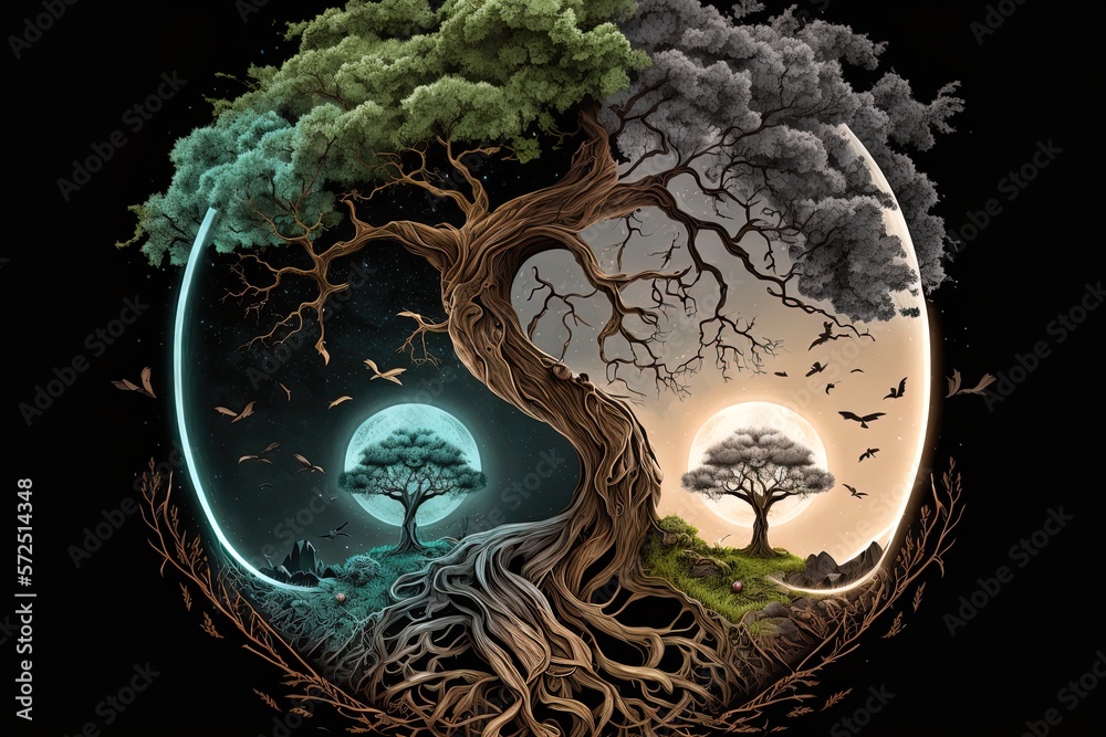 Ying yang concept of balance Yggdrasil tree of life norse mythology ...