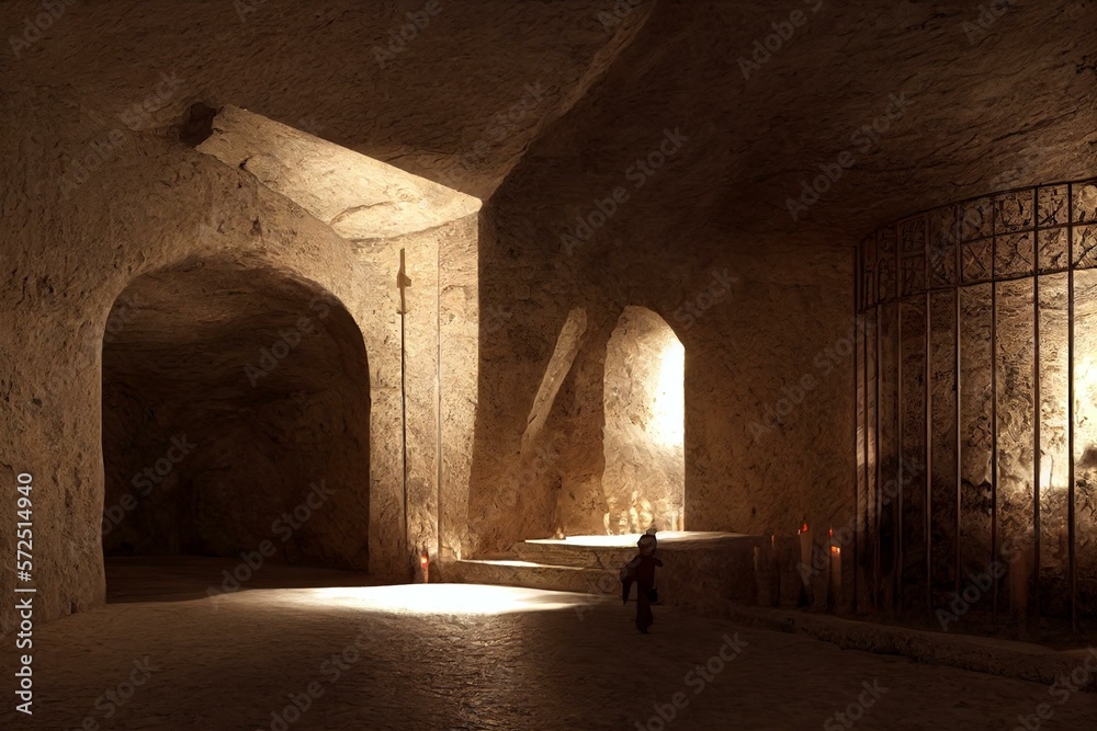 Religion and shrines entrance to ancient Christian crypt in cave ...