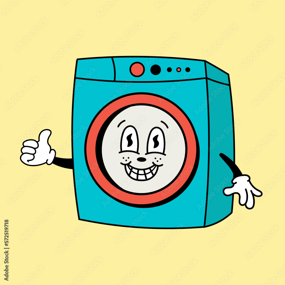 Retro cartoon characters washing machine with funny face. Vintage ...