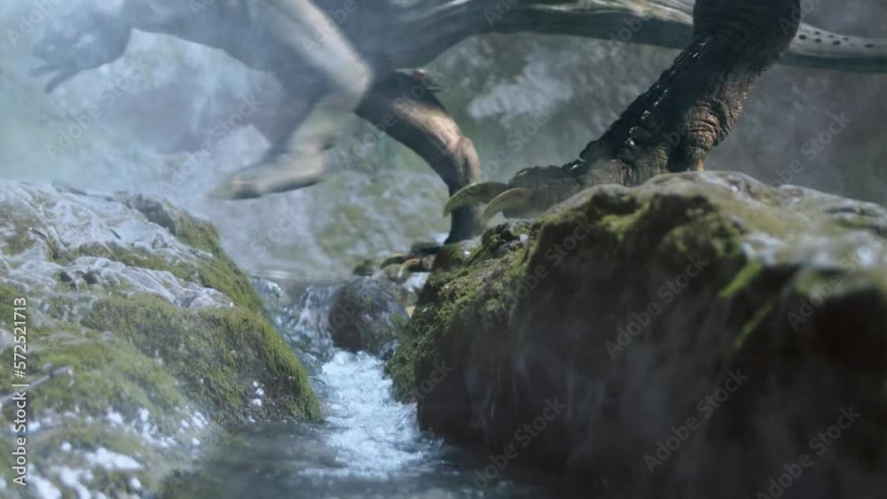 Ground level view of the feet of Tyrannosaurus rex dinosaurs walking, T ...