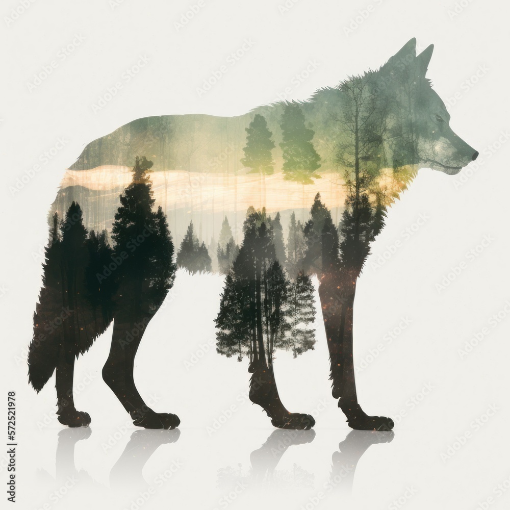 Cool and Beautiful Double Exposure Silhouette Arctic Wolf Animal in Natural Habitat: A Colorful ...