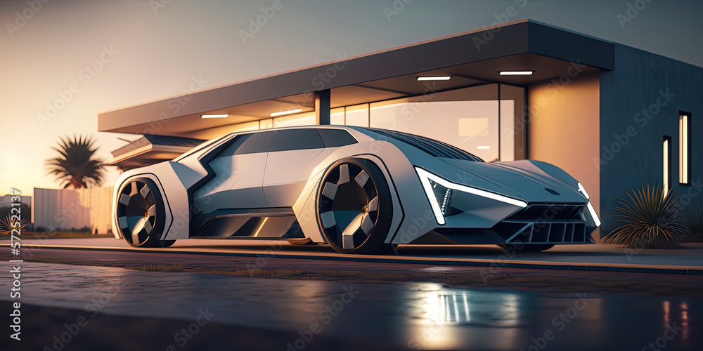 futuristic sportscar side profile perfectly center, on street in front ...