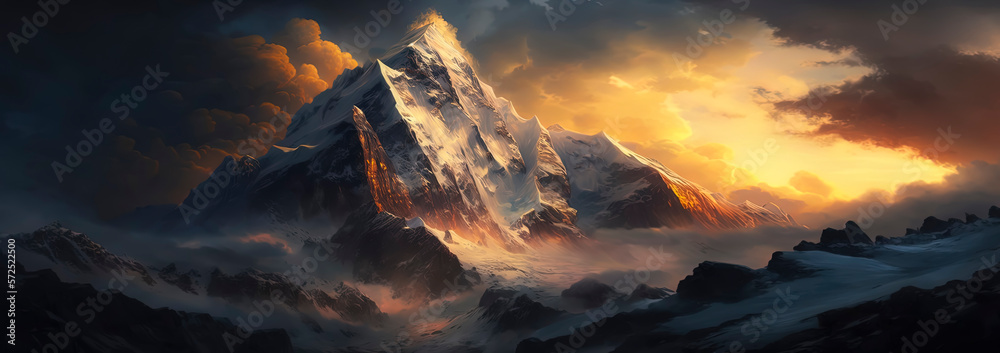 snow-capped peaks of the majestic mountain, emerging from the clouds ...