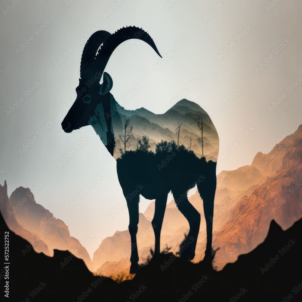 Cool and Beautiful Double Exposure Silhouette Ibex Animal in Natural ...