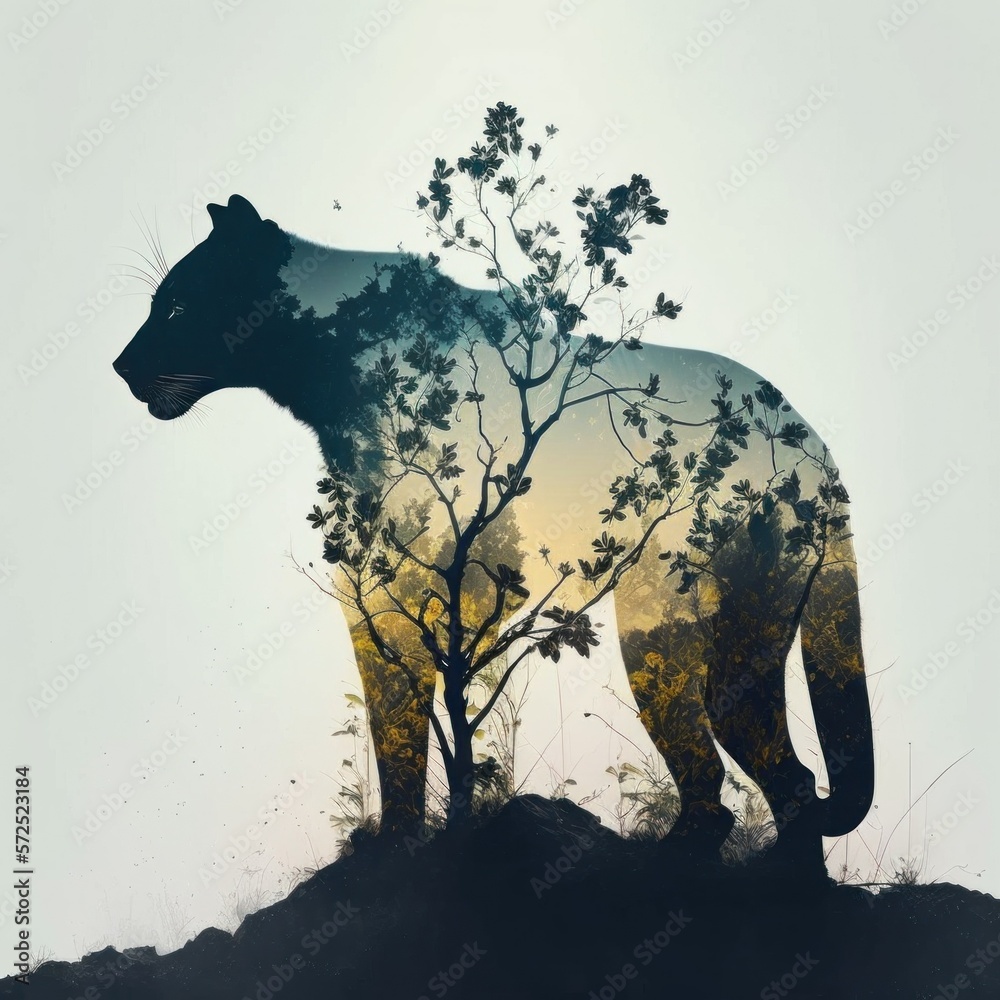 Cool and Beautiful Double Exposure Silhouette Panther Animal in Natural ...
