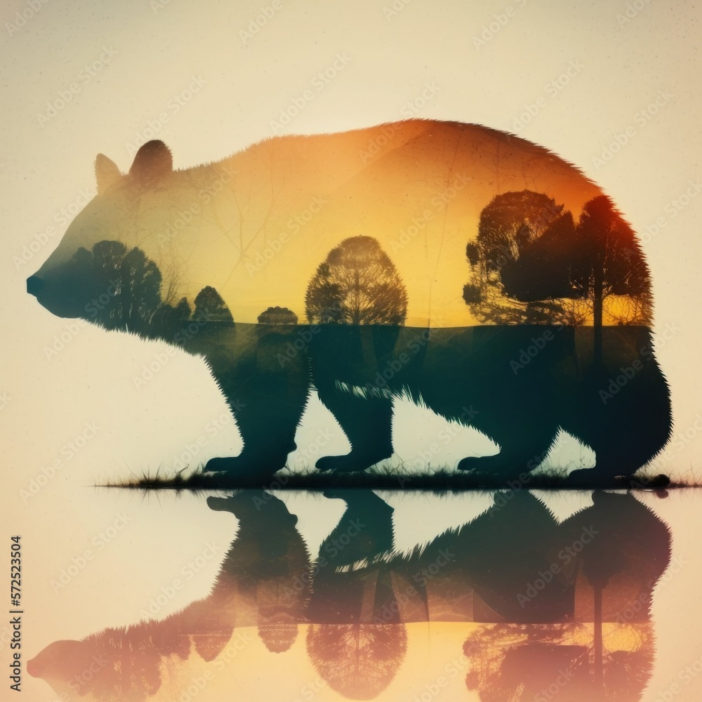 Cool and Beautiful Double Exposure Silhouette Wombat Animal in Natural ...