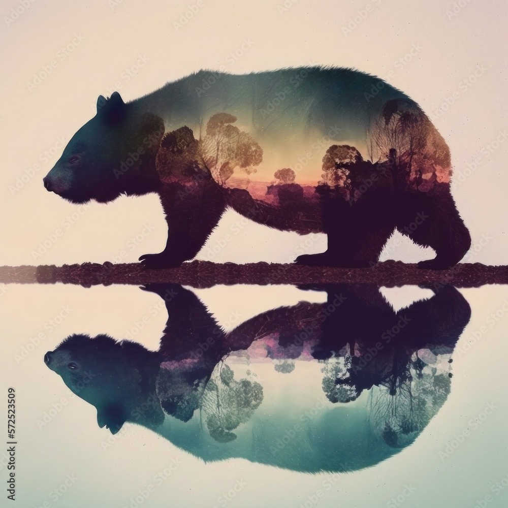 Cool and Beautiful Double Exposure Silhouette Wombat Animal in Natural ...