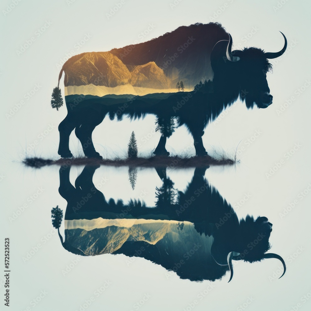 Cool and Beautiful Double Exposure Silhouette Yak Animal in Natural ...