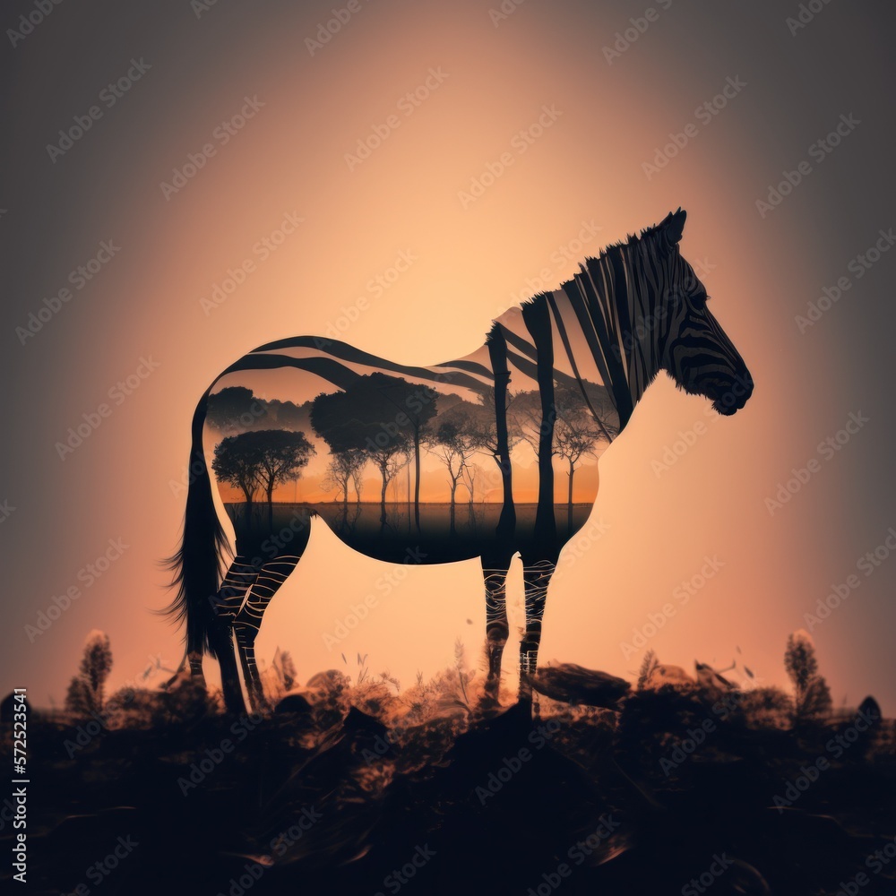 Cool and Beautiful Double Exposure Silhouette Zebra Animal in Natural ...
