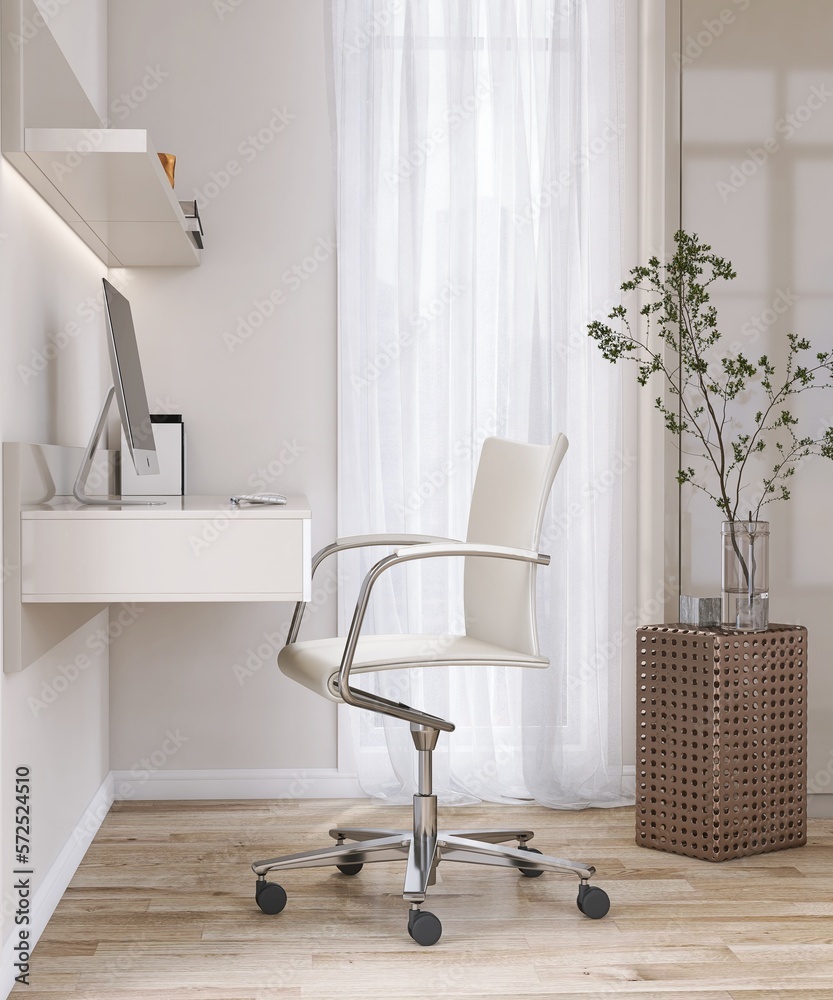 Minimal built in beige working desk with computer, shelf, leather ...