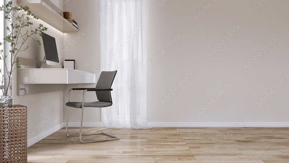 Minimal built in beige working desk with computer, shelf, black steel ...