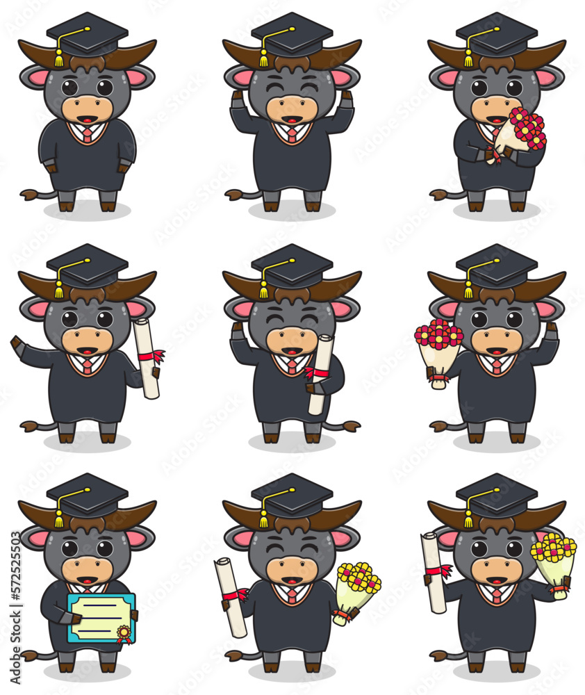 Cute cartoon Buffalo in graduate hat on white background. Vector Set of ...