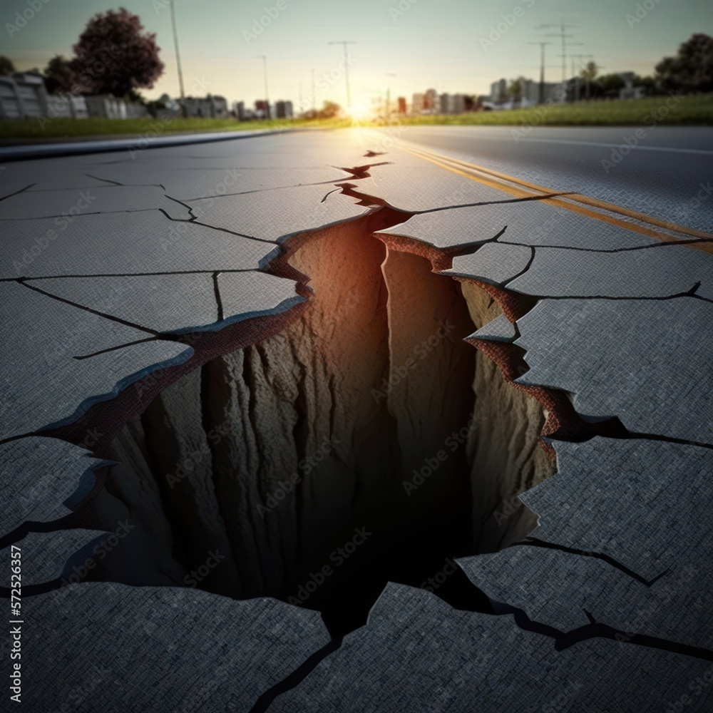 Detailed illustration of an enormous crack chasm in a paved road on a ...