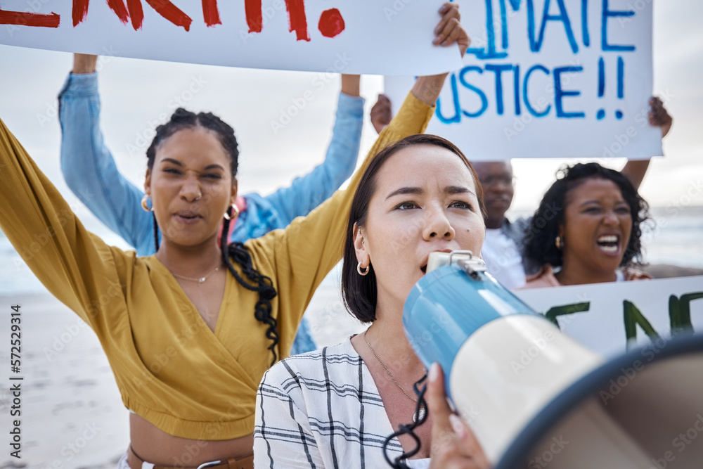 Climate change protest, megaphone and Asian woman with crowd at beach ...