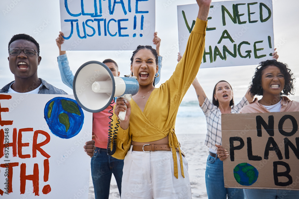 Climate change, protest and black woman with megaphone for freedom ...