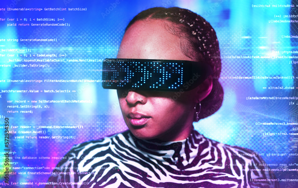 Woman, metaverse and virtual reality glasses with overlay for digital transformation. Person ...