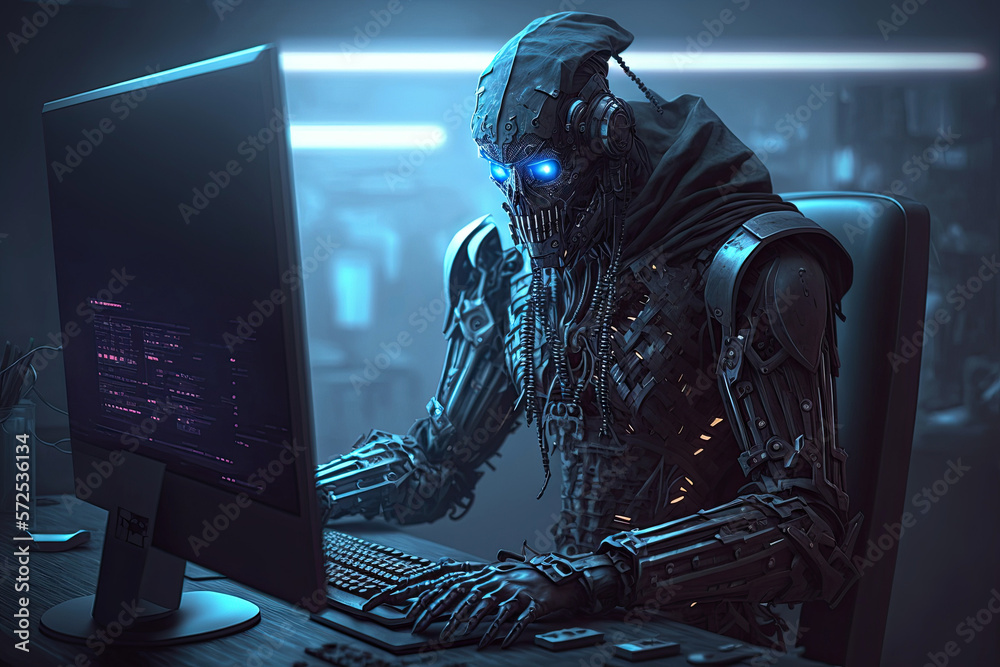 cyborg hacker robot works at a computer in front of a monitor. cyber security. Generative AI ...