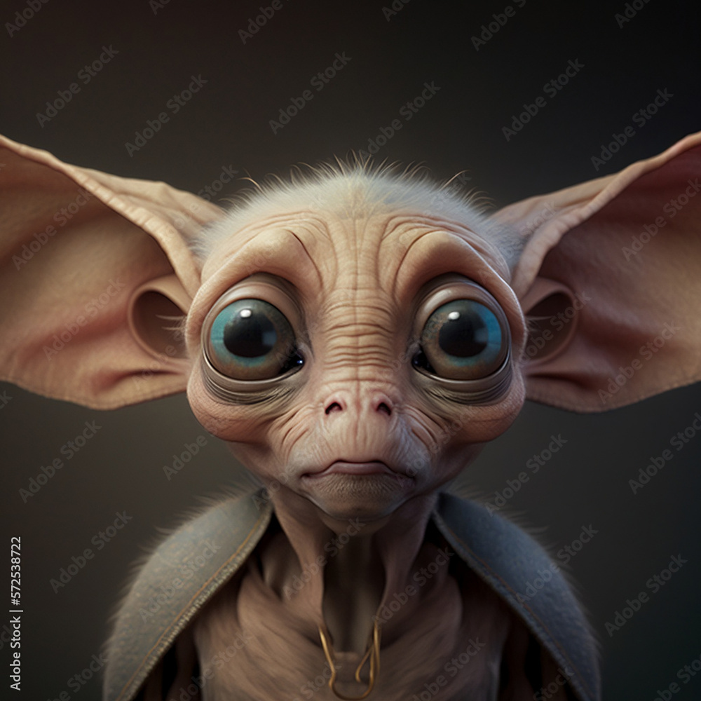 portrait of a dumbo alien, facing forward, druppy facial features, full ...