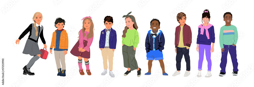Set of different Kids realistic illustrations. Multiracial group of ...