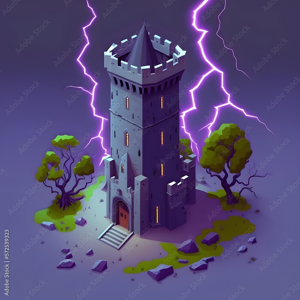 Castle tower in a lightning storm. lightning conductors on tower ...